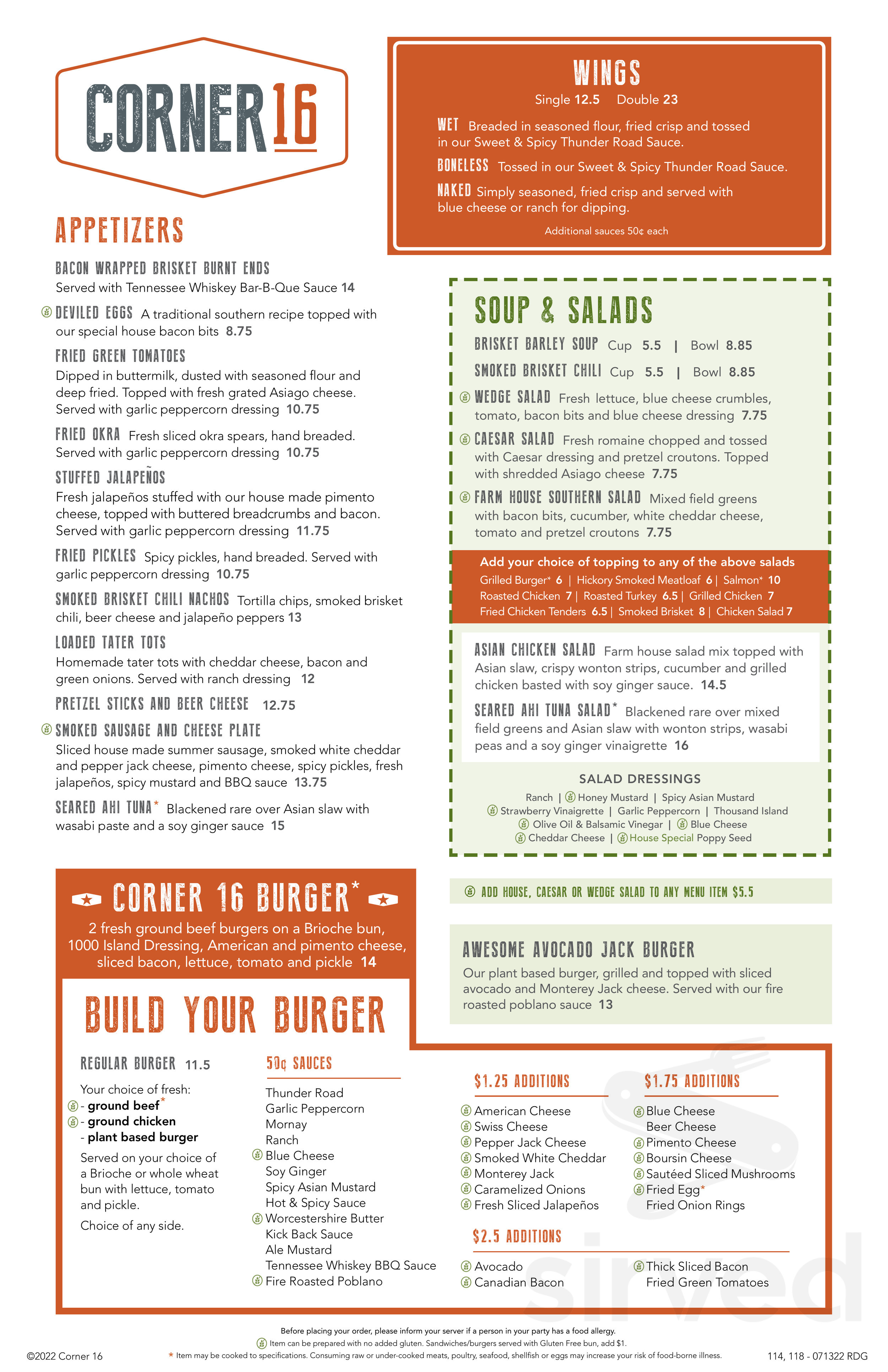 Corner 16 Menu - Knoxville, Tennessee | Sirved