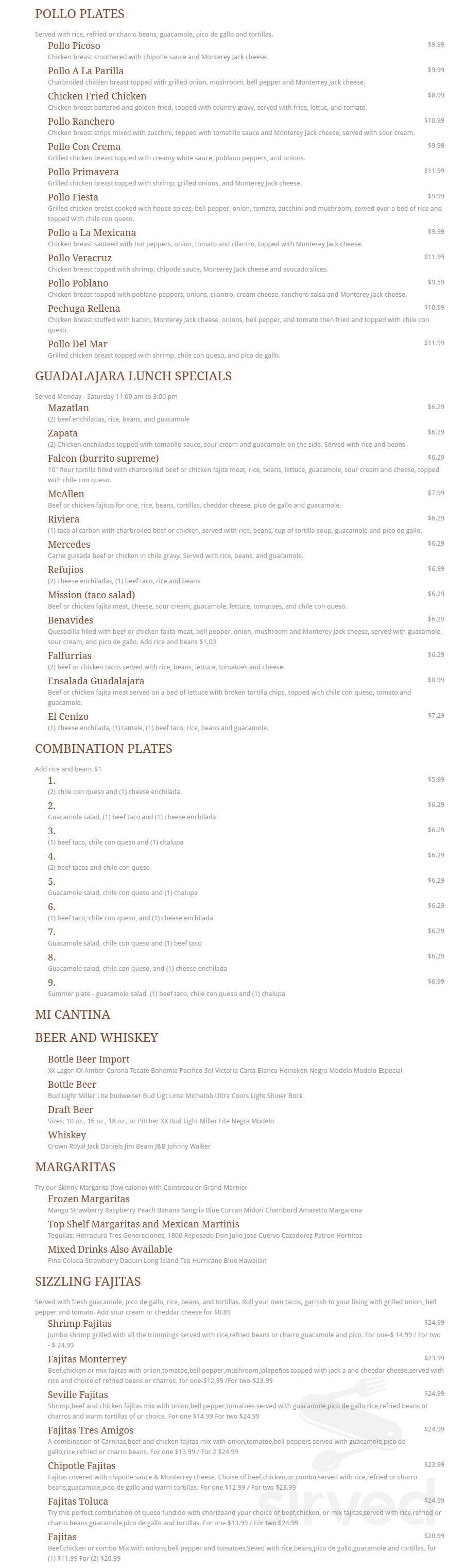 Guadalajara Mexican Restaurant menu in Lockhart, Texas, USA