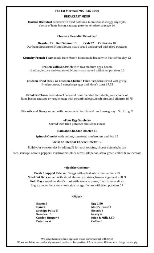 The Fat Mermaid menu in Valdez, Alaska, USA