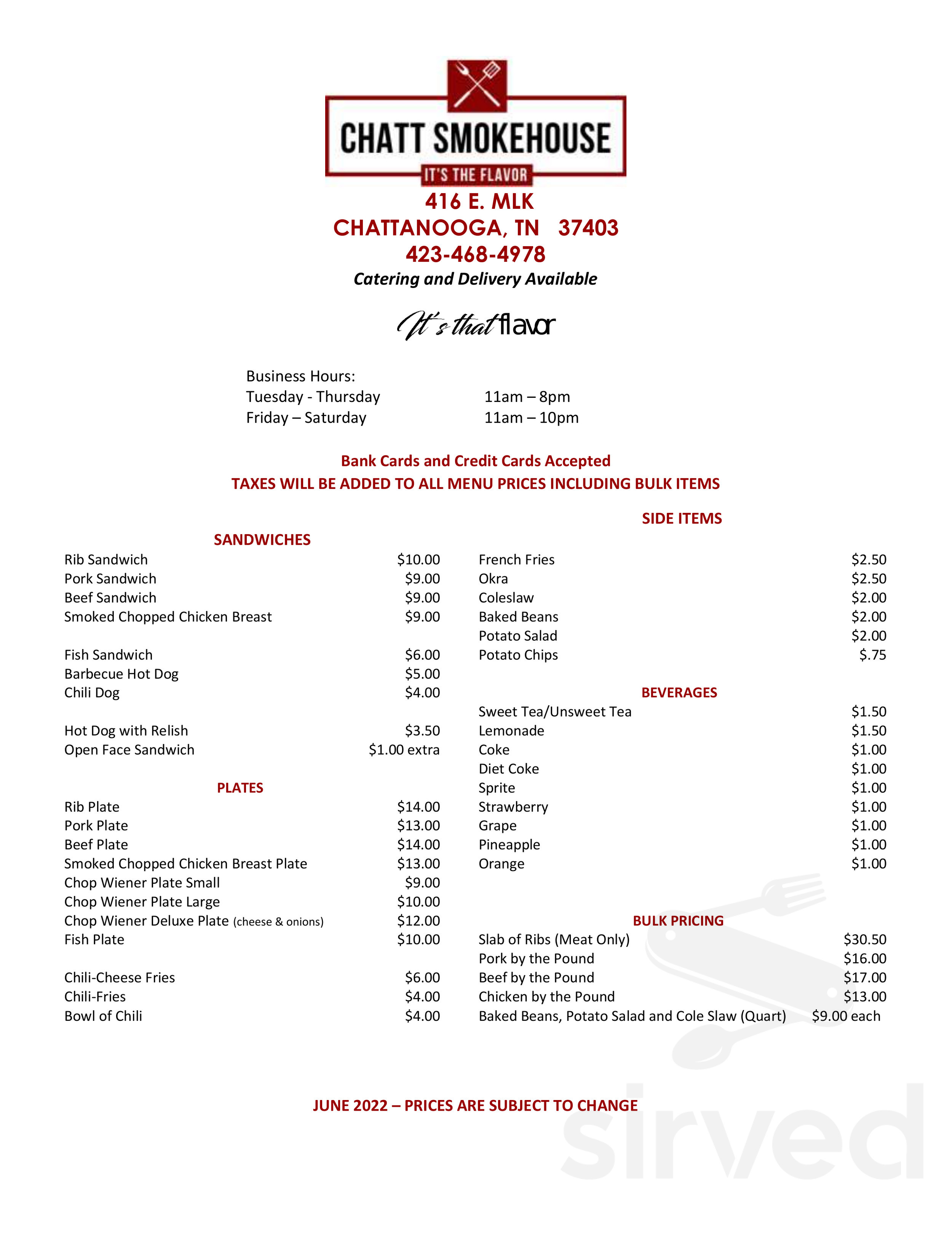Chatt Smoke House Menu - Chattanooga, Tennessee | Sirved
