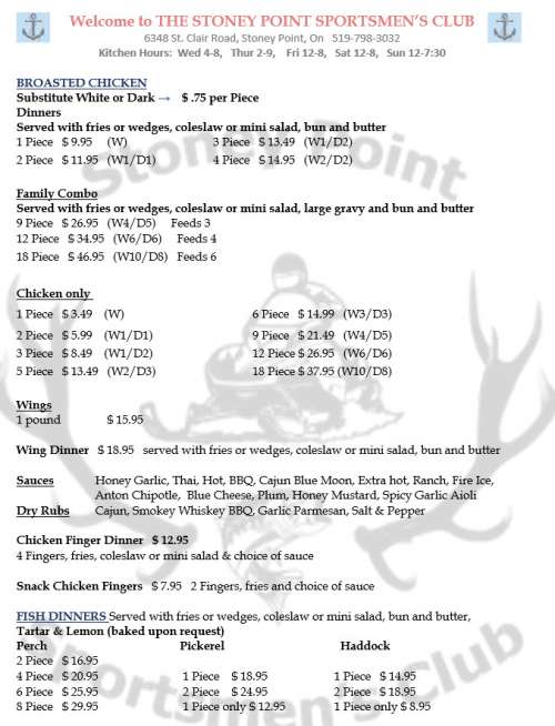 Stoney Point Sportsmen's Club menu in Pointe aux Roches, Ontario, Canada