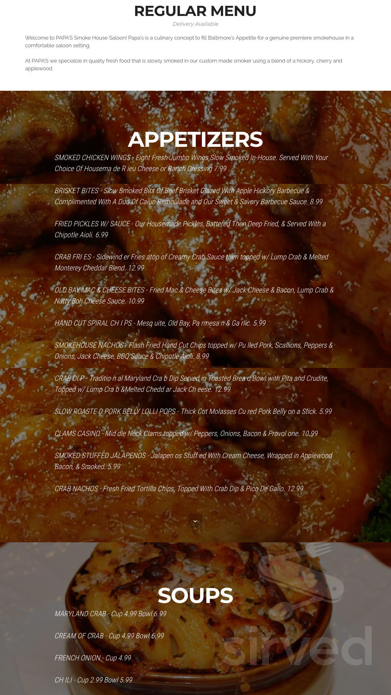 Menu - Dundalk MD's Papa's Smokehouse Saloon | Sirved