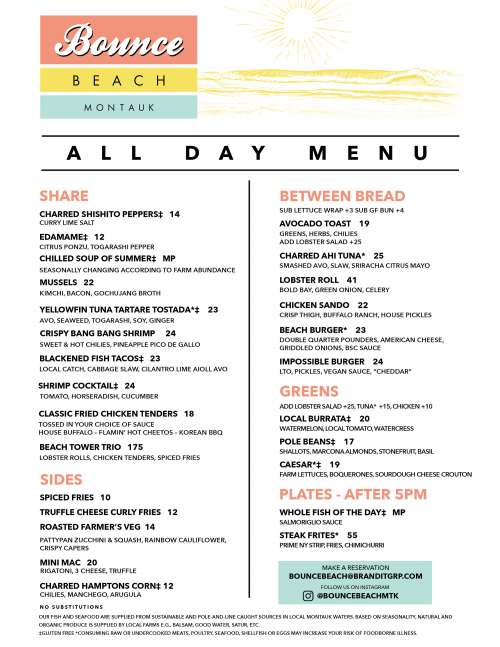 Bounce Beach Montauk menu in Montauk, New York, USA