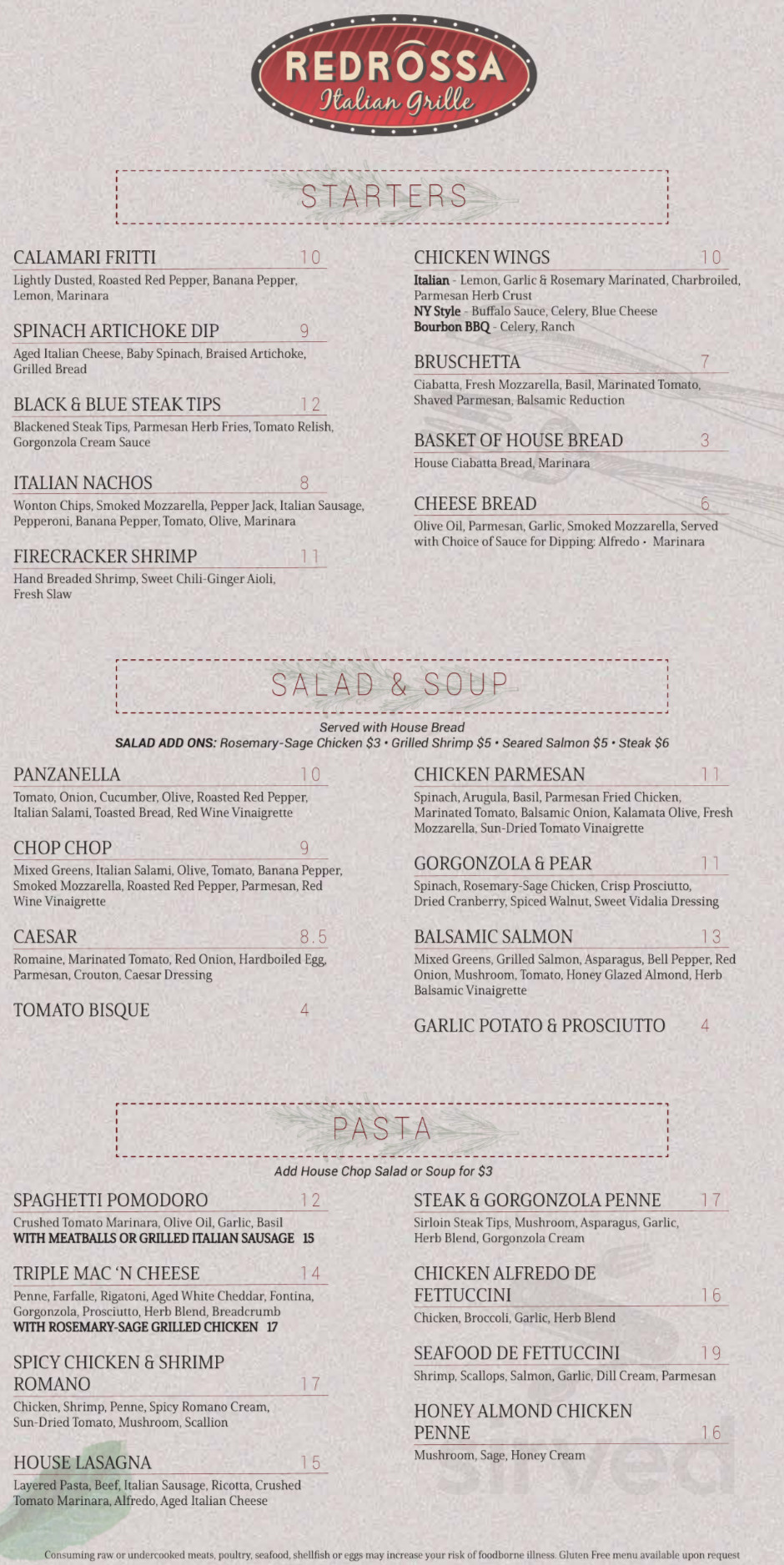 RedRossa Italian Grille menu in Pierre, South Dakota, USA