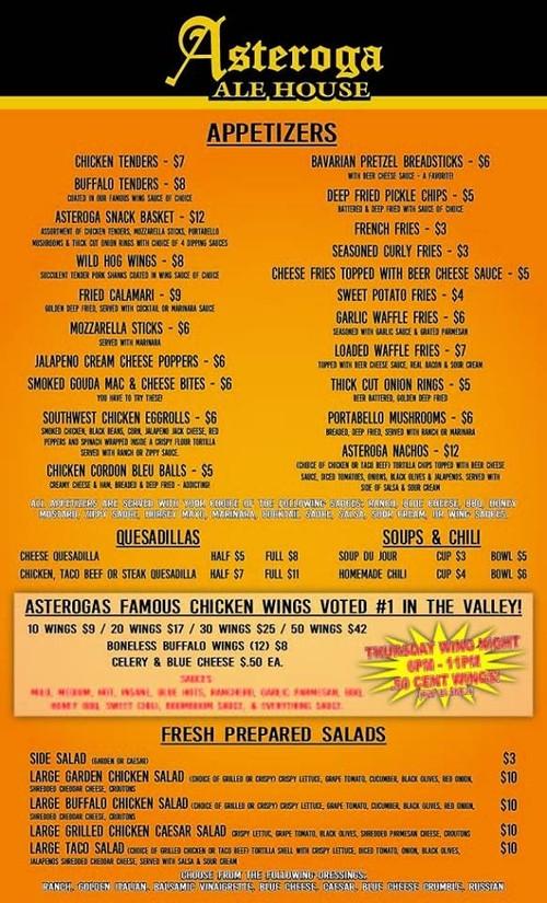 Asteroga Ale House menu in Herkimer, New York, USA