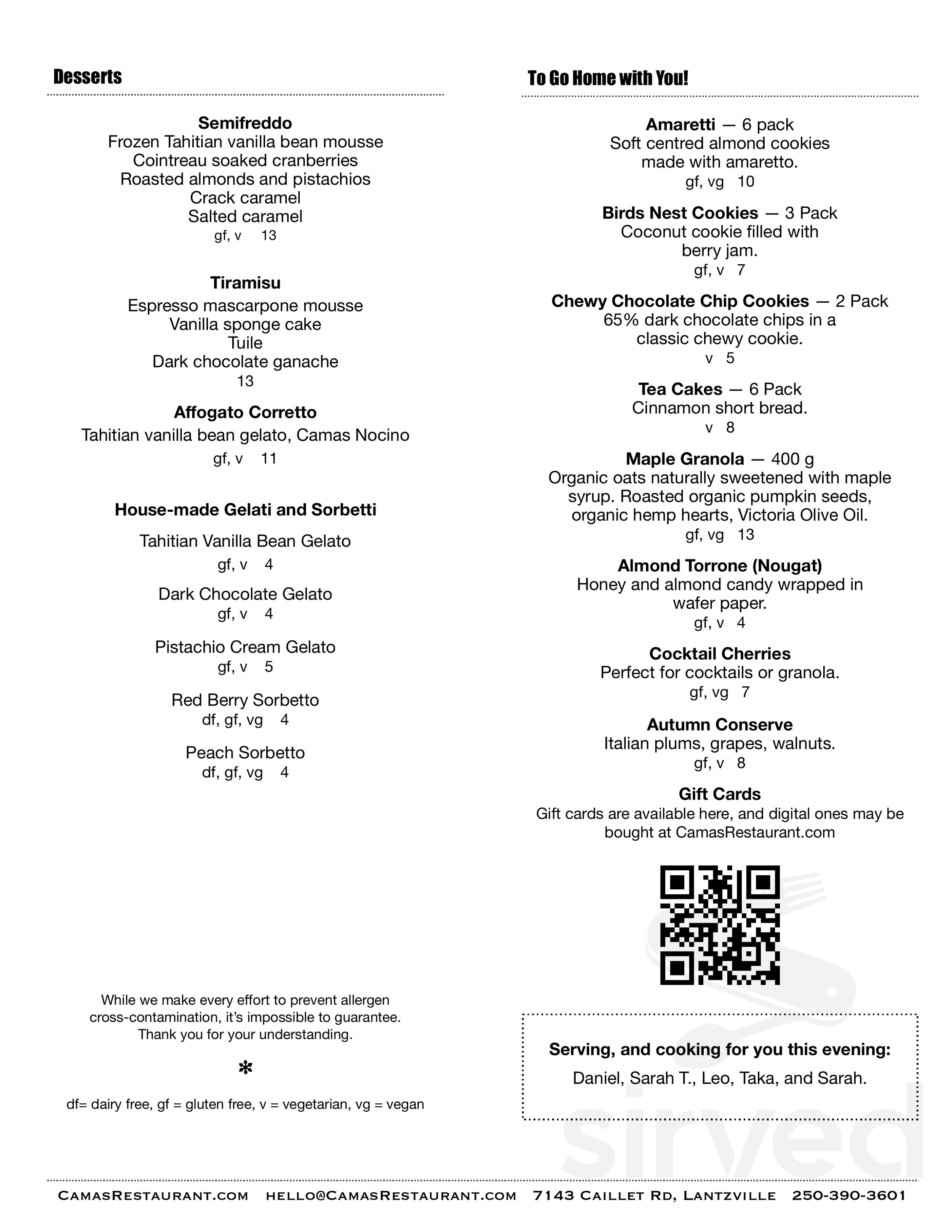 Camas menus in Lantzville, British Columbia, Canada