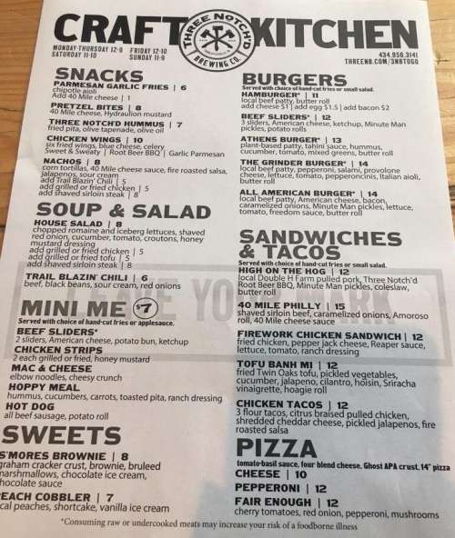 Three Notch'd Craft Kitchen & Brewery menu in Charlottesville, Virginia ...