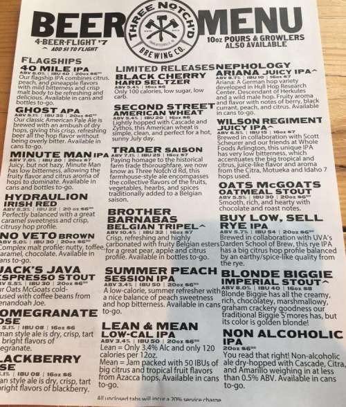 Three Notch'd Craft Kitchen & Brewery menu in Charlottesville, Virginia ...