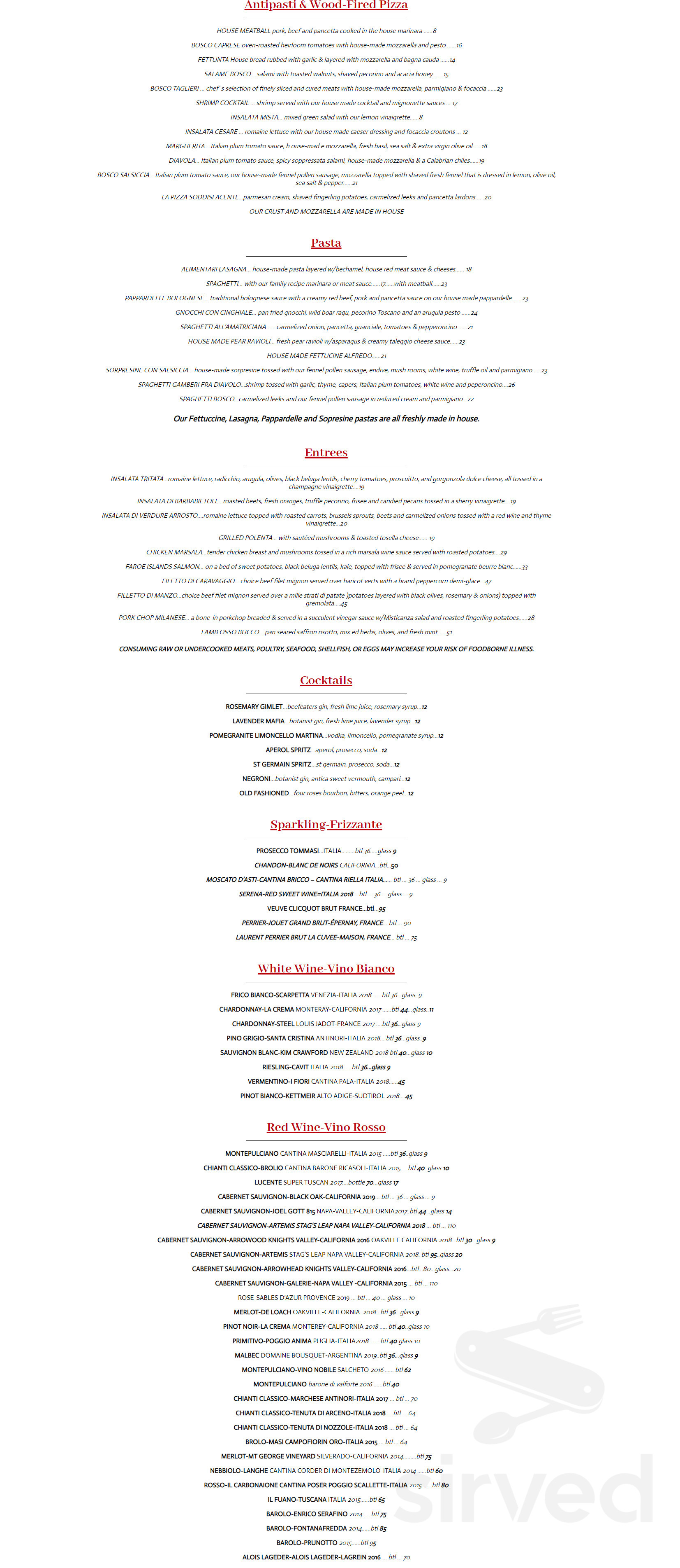 Bar Bosco menu in Terre Haute, Indiana, USA