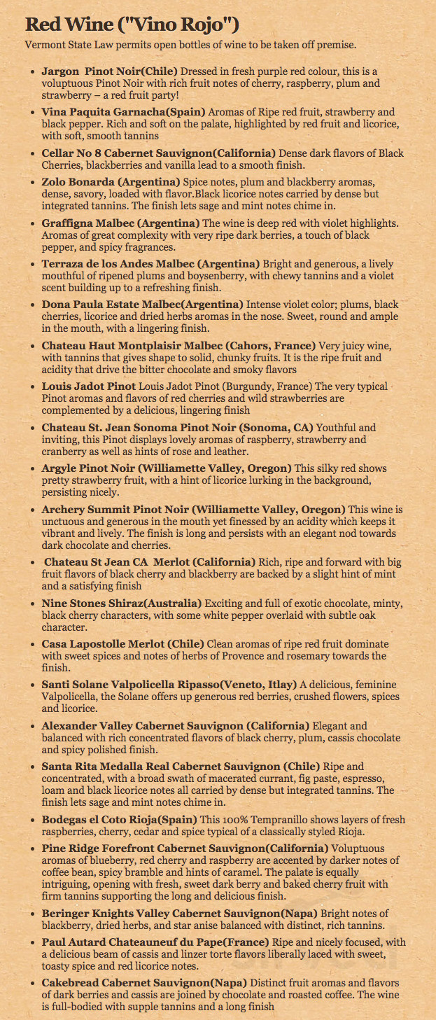 Melaza Bistro menu in Woodstock, Vermont, USA