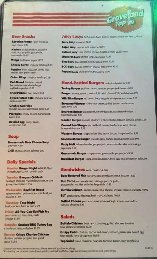 Groveland Tap menu in St Paul, Minnesota, USA