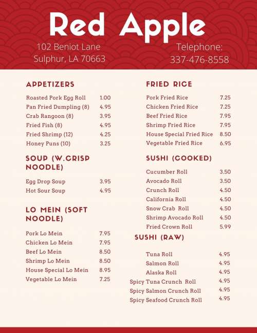 Red Apple Buffet, Sushi, Hibachi, And Chinese Food menu in Sulphur ...