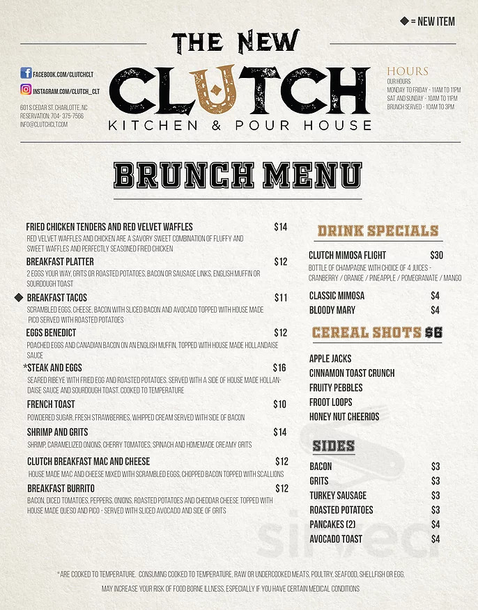 Menu for Clutch Kitchen & Pour House in Charlotte, NC | Sirved