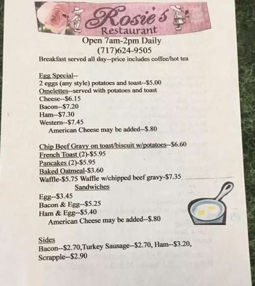 Rosie's Restaurant menu in New Oxford, Pennsylvania, USA