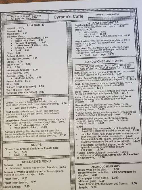 Cyrano's Caffe menu in Orange, California, USA