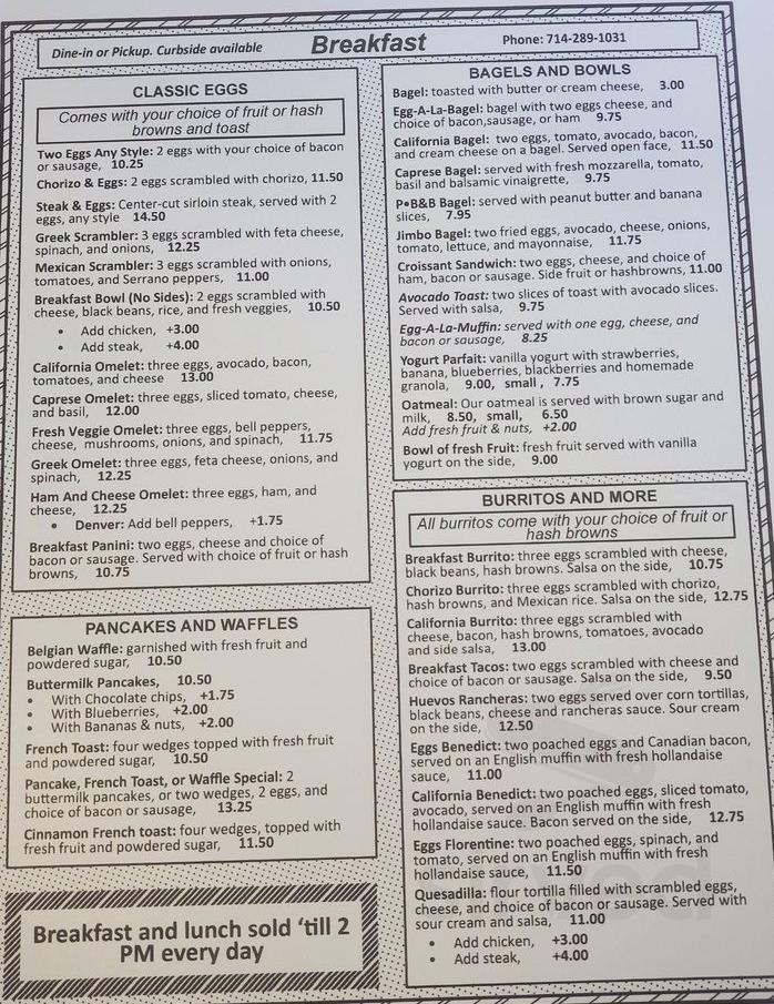 Cyrano's Caffe menu in Orange, California, USA