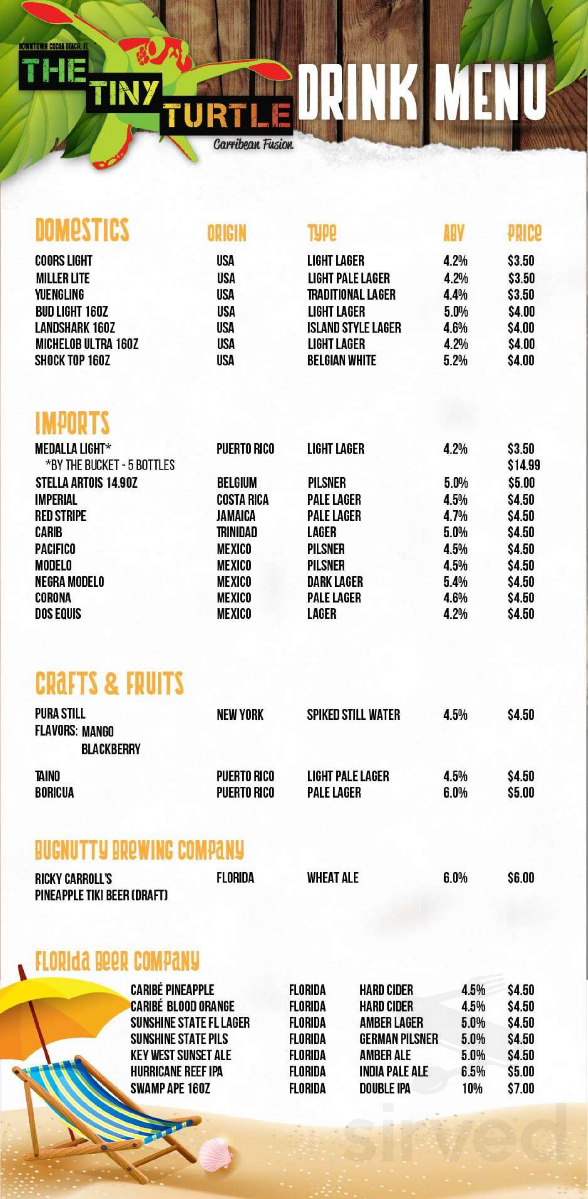 The Tiny Turtle menu in Cocoa Beach, Florida, USA