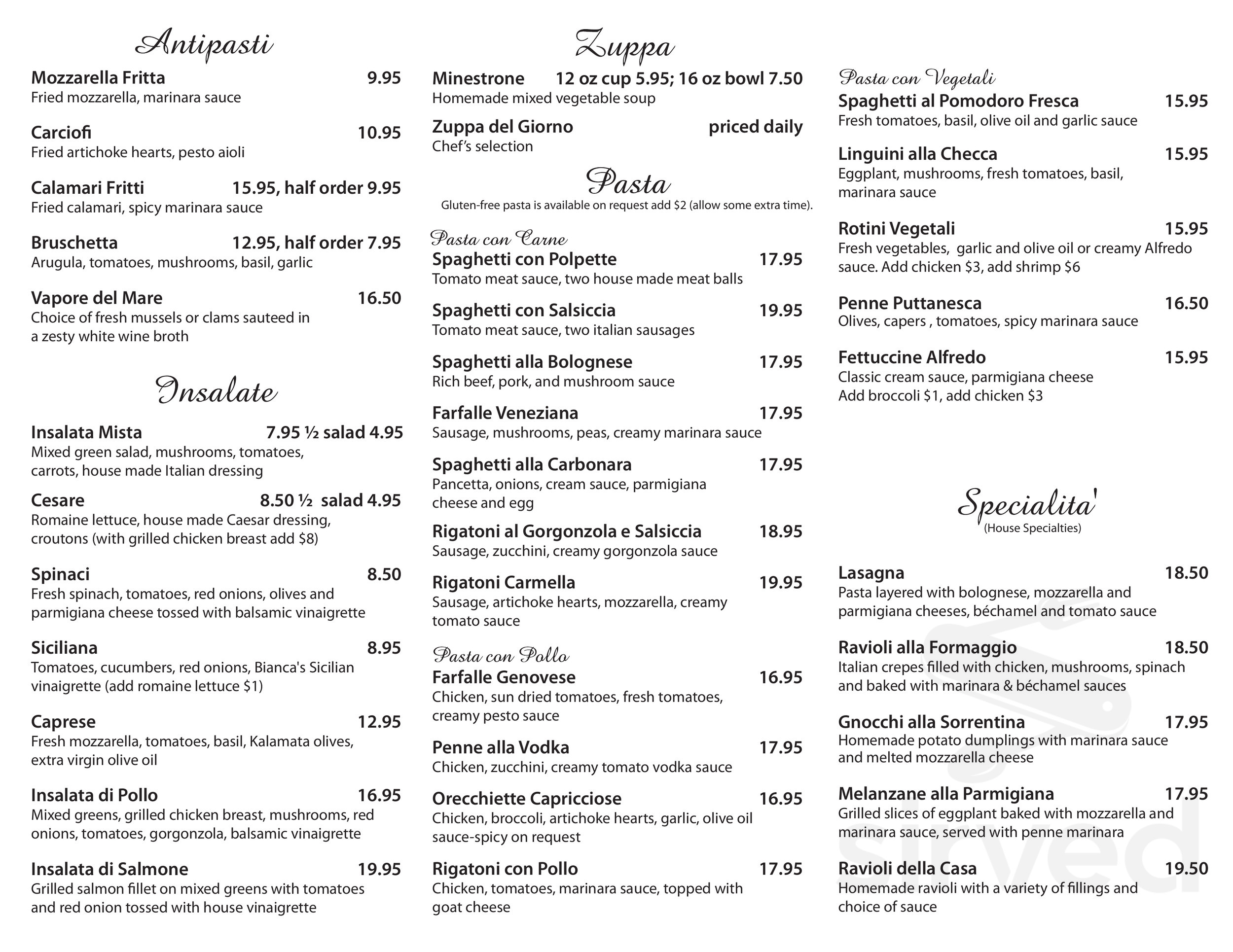 Da Bianca Trattoria menus in Orange, California, United States
