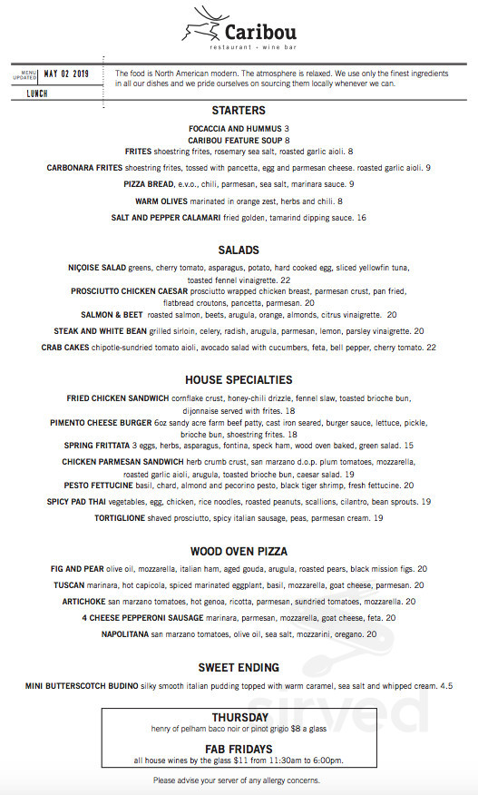 Caribou Restaurant + Wine Bar menu in Thunder Bay, Ontario, Canada