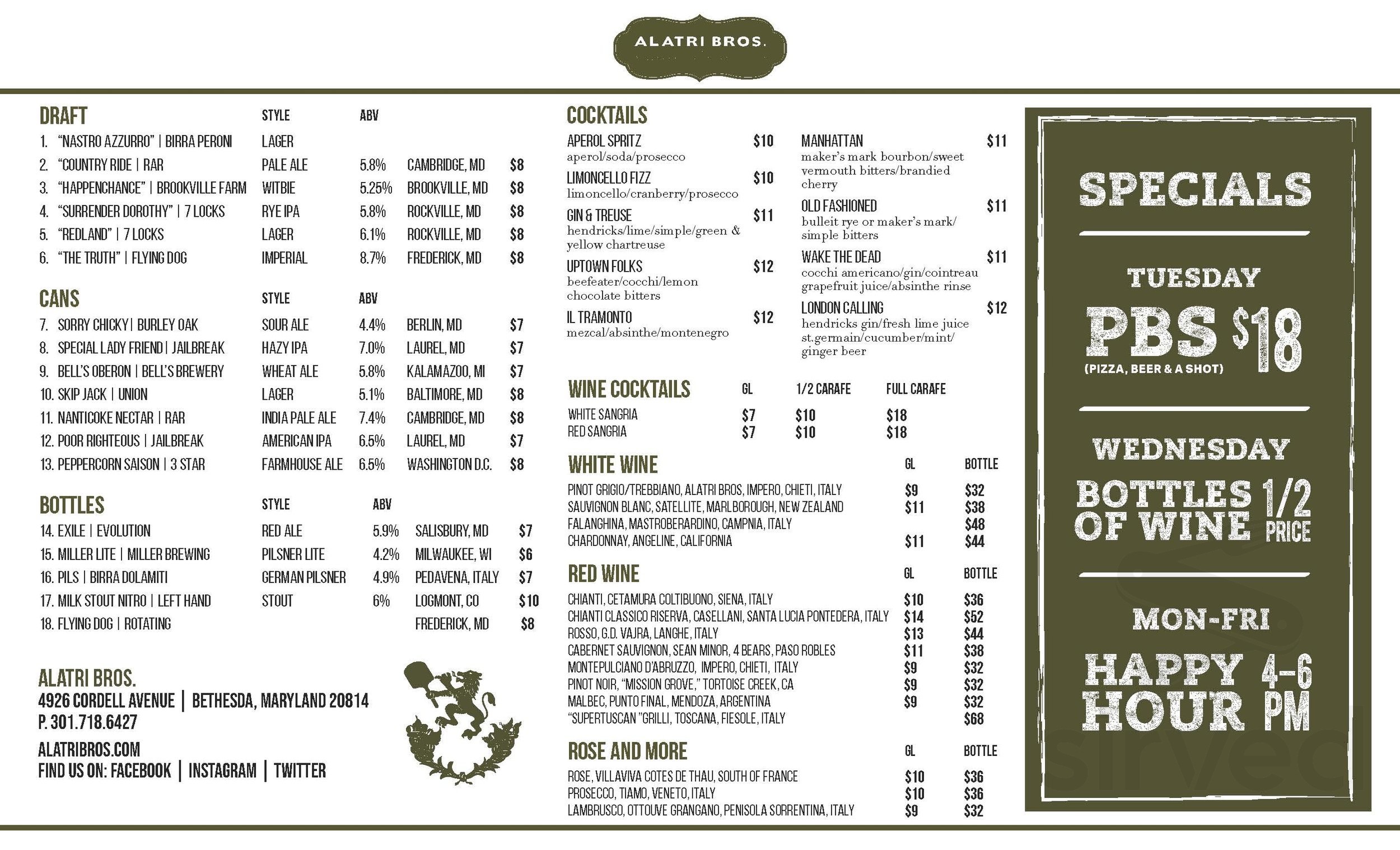 Alatri Bros menu in Bethesda, Maryland, USA