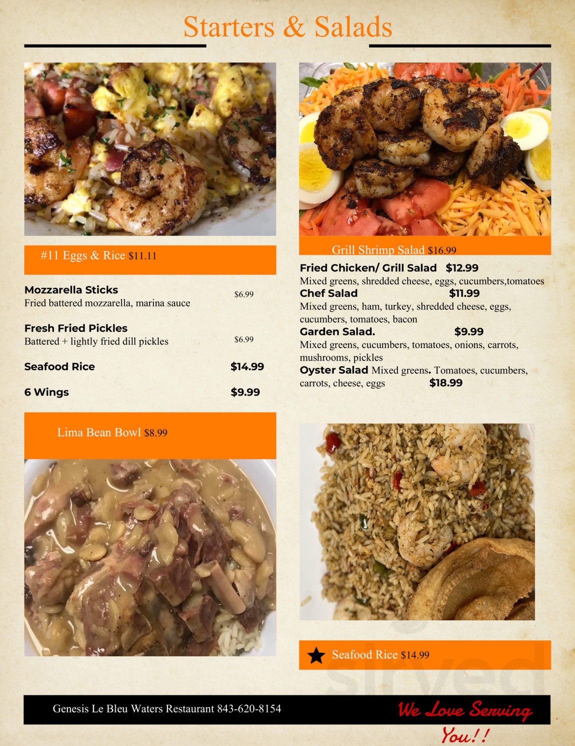 Menu - Ravenel SC's Genesis Le Bleu Waters Restaurant | Sirved