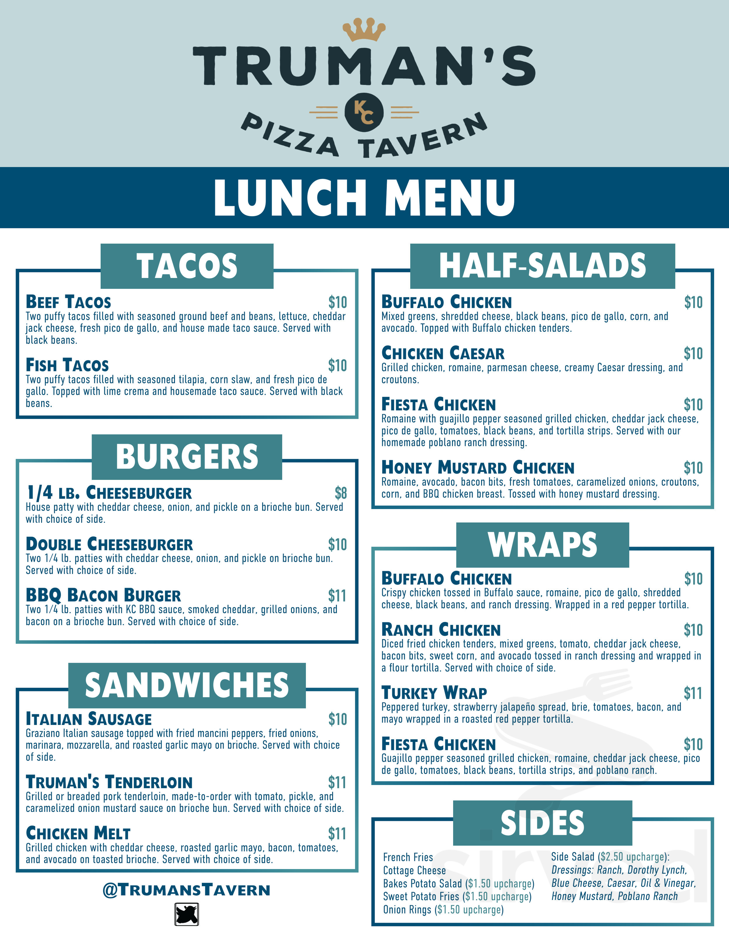 Truman's KC Pizza Tavern Menu - Des Moines, Iowa | Sirved