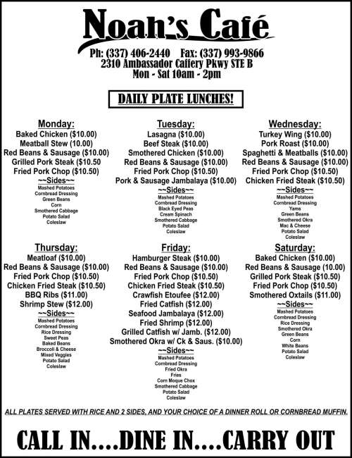 Noah's Cafe menu in Lafayette, Louisiana, USA