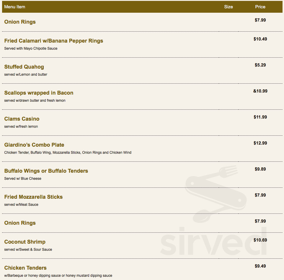 Menu for Giardino's Family Restaurant in Yarmouth, MA | Sirved