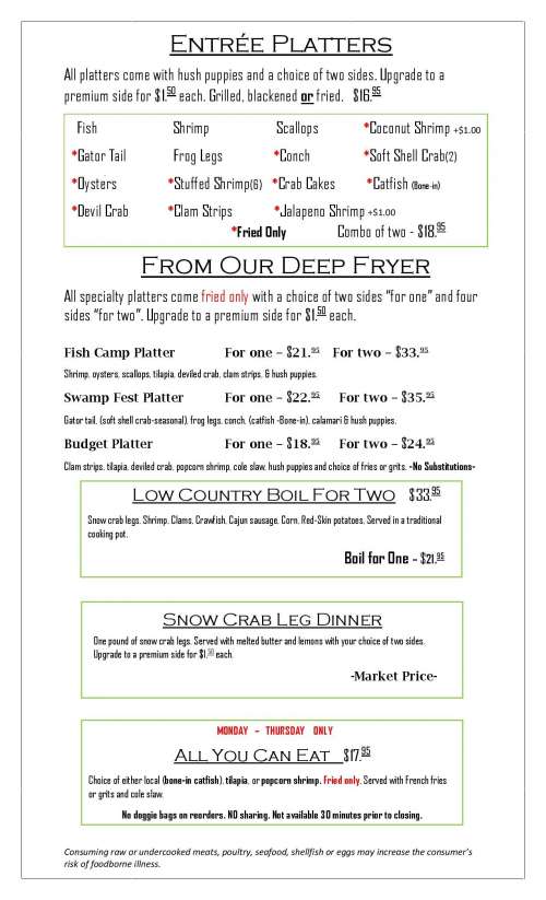 Clark's Fish Camp Seafood Restaurant menu in Jacksonville, Florida, USA