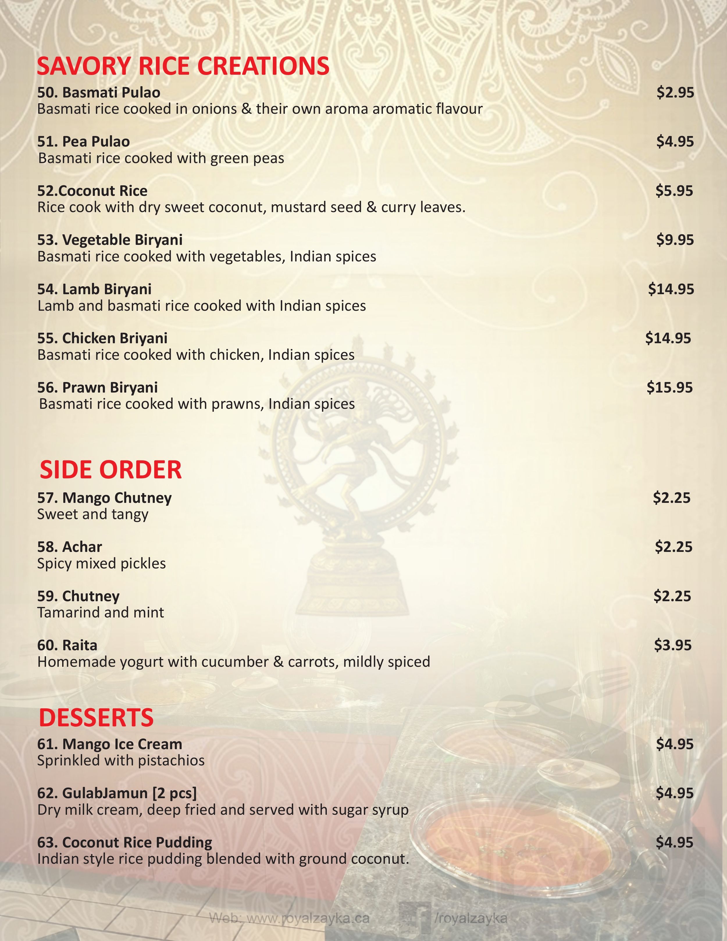 Royal Zayka menu in Powell River, British Columbia, Canada