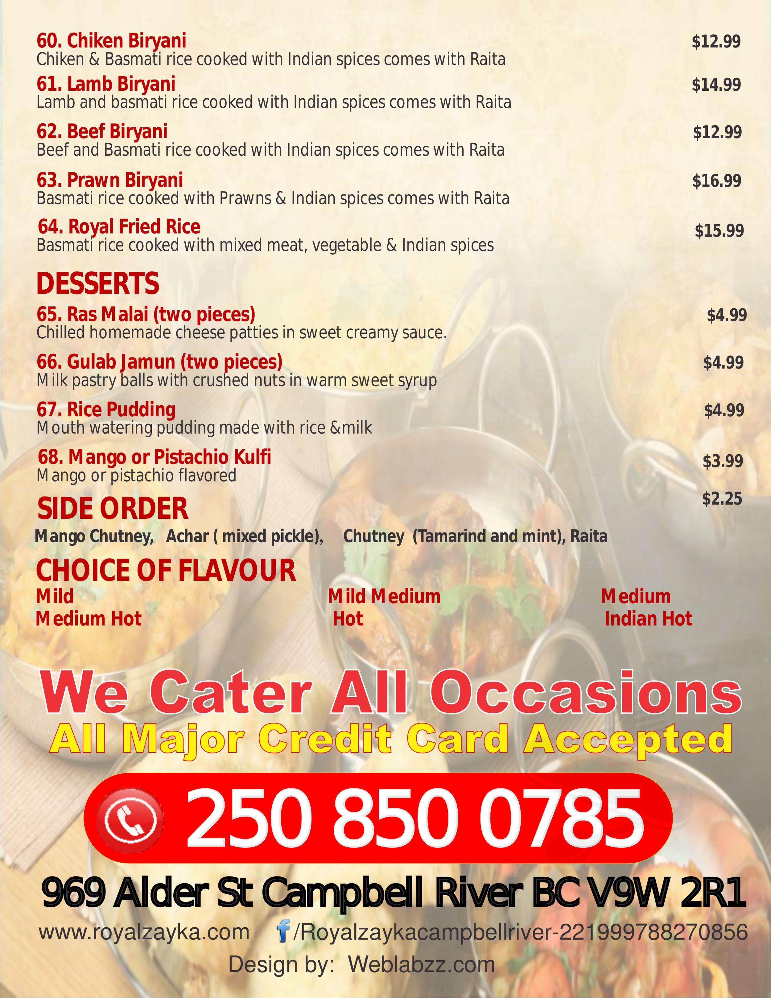 Royal Zayka menu in Powell River, British Columbia, Canada