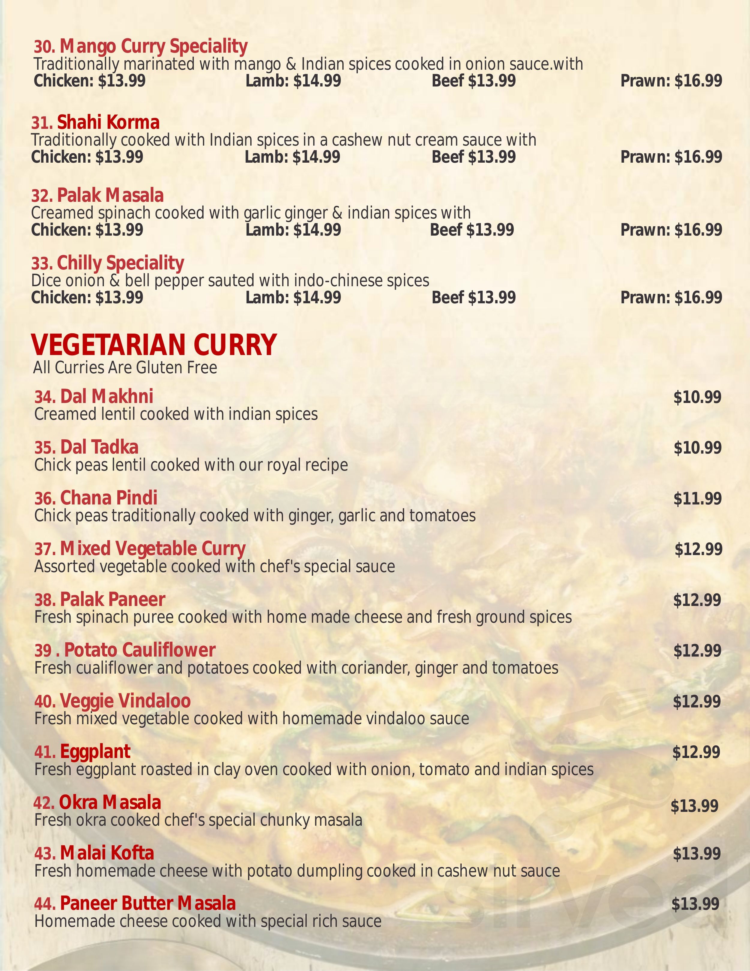Royal Zayka menu in Powell River, British Columbia, Canada