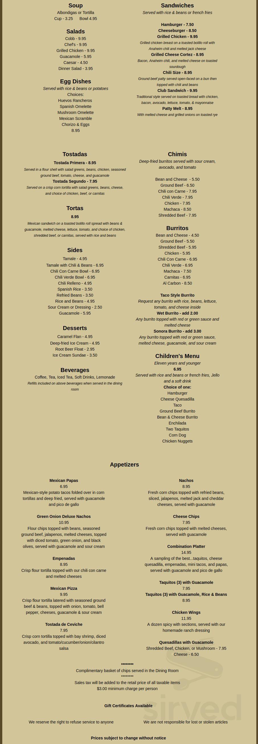 Green Onion Mexican Restaurant menus in San Pedro, California, United ...