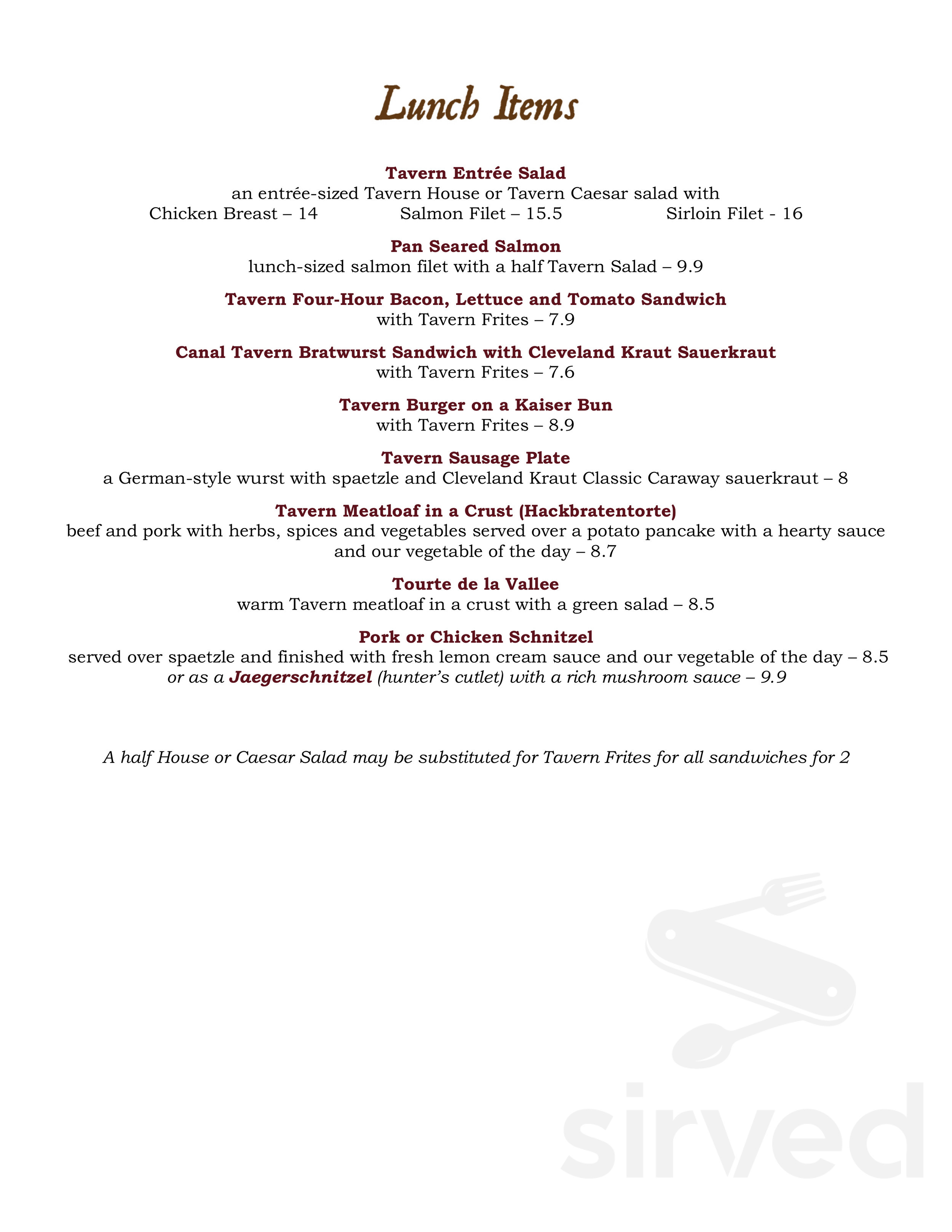 Menu - Bolivar OH's Canal Tavern of Zoar | Sirved