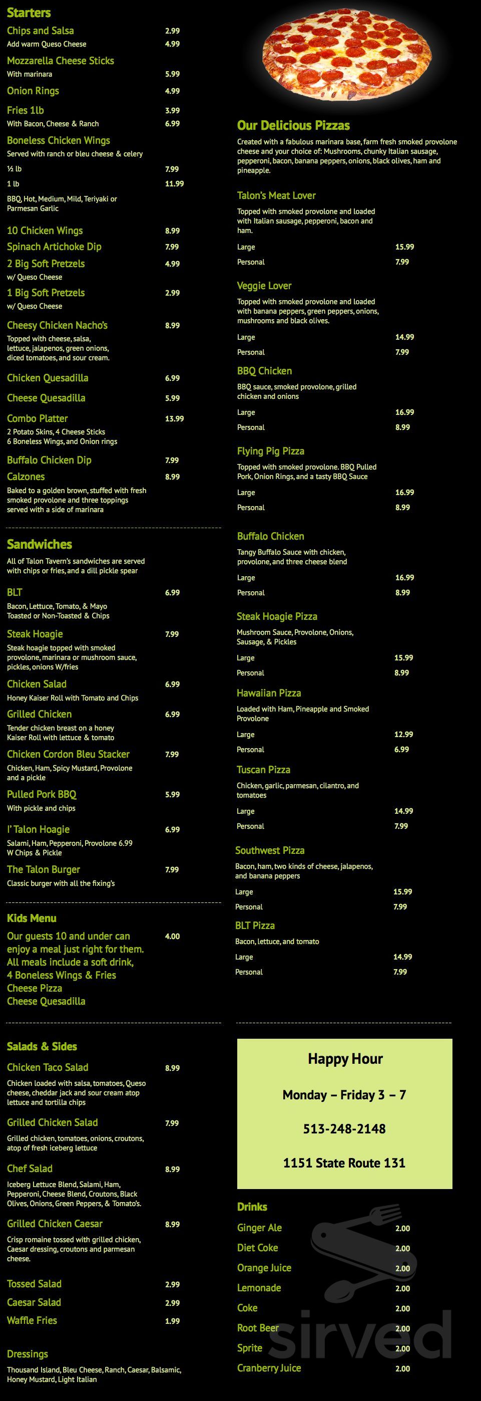 Menu for The Talon Tavern in Milford, OH | Sirved