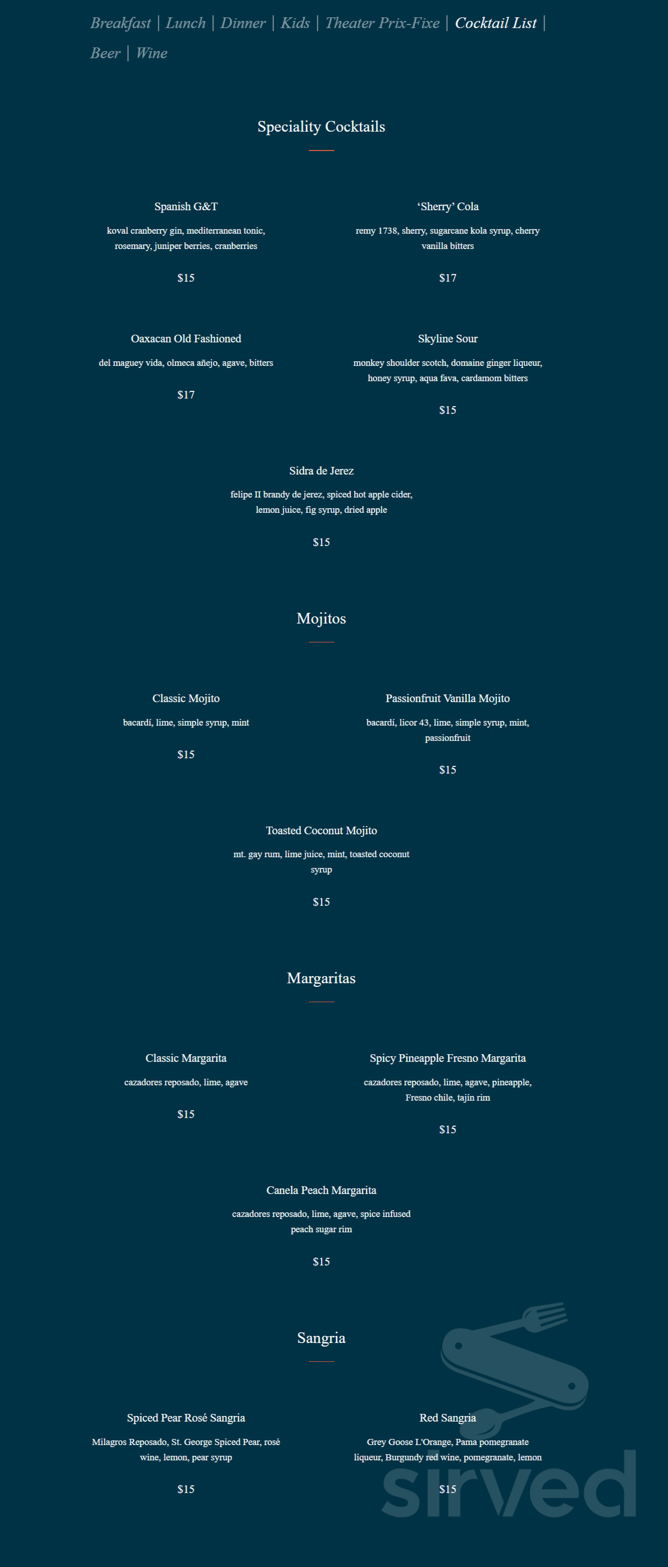 Lírica Restaurant menu in Chicago, Illinois, USA