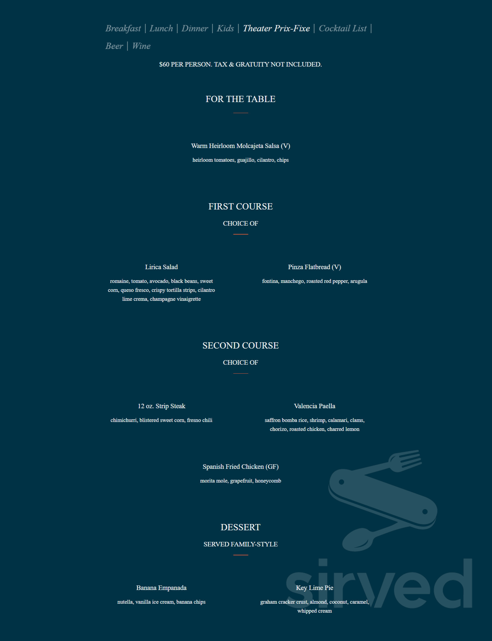 Lírica Restaurant menu in Chicago, Illinois, USA