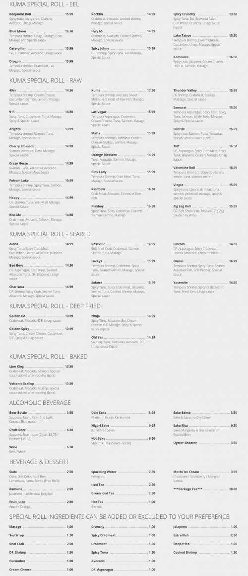 Sushi Kuma menu in Roseville, California, USA