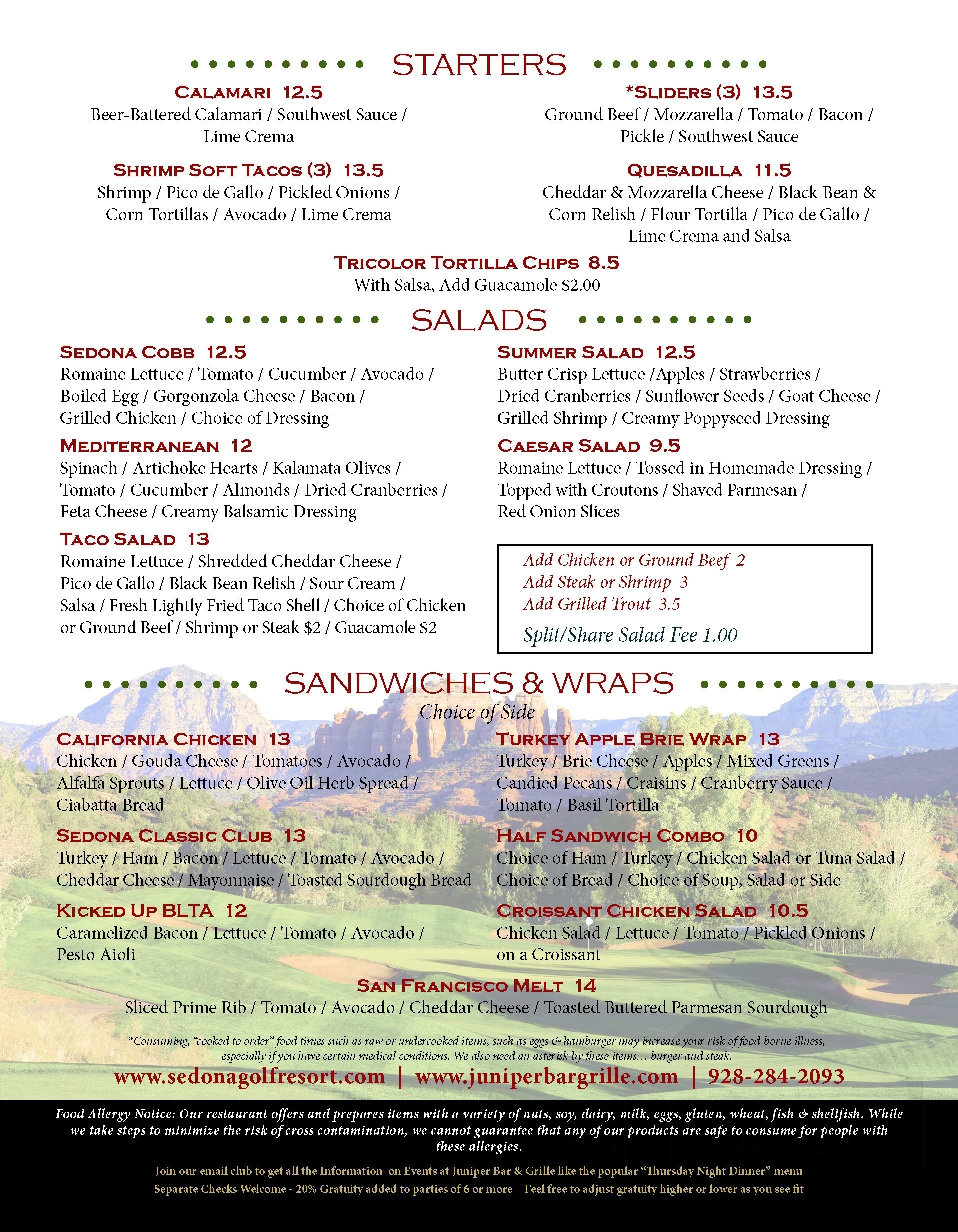 Juniper Bar & Grille at Sedona Golf Resort menu in Sedona, Arizona, USA