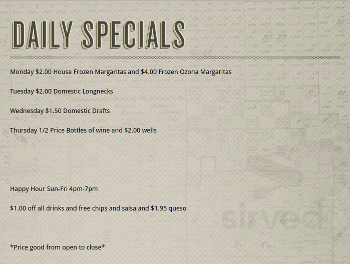 Ozona Grill and Bar Menu - Dallas, Texas | Sirved