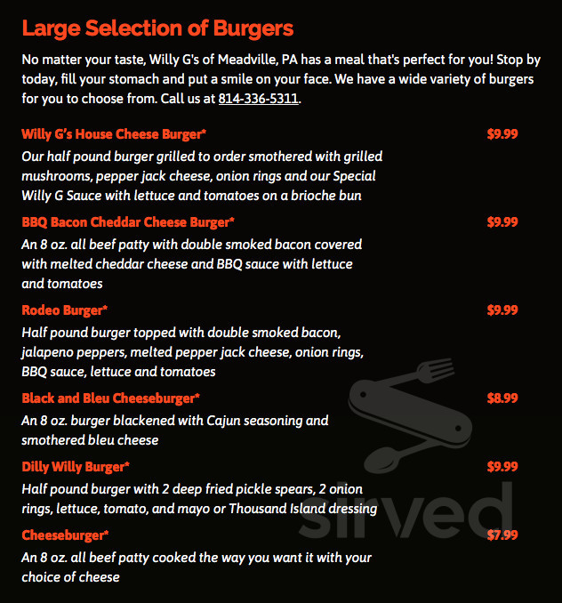 Willy G's menus in Meadville, Pennsylvania, United States