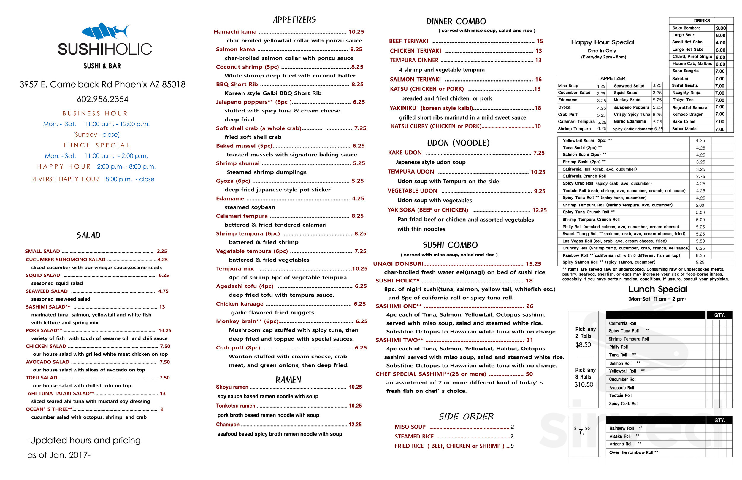 Sushiholic menu in Phoenix, Arizona, USA