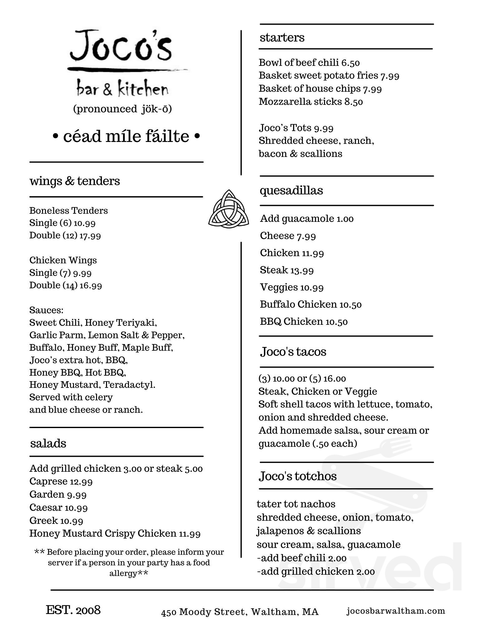 Menu for Jocos Bar & Kitchen in Waltham, Massachusetts, United States
