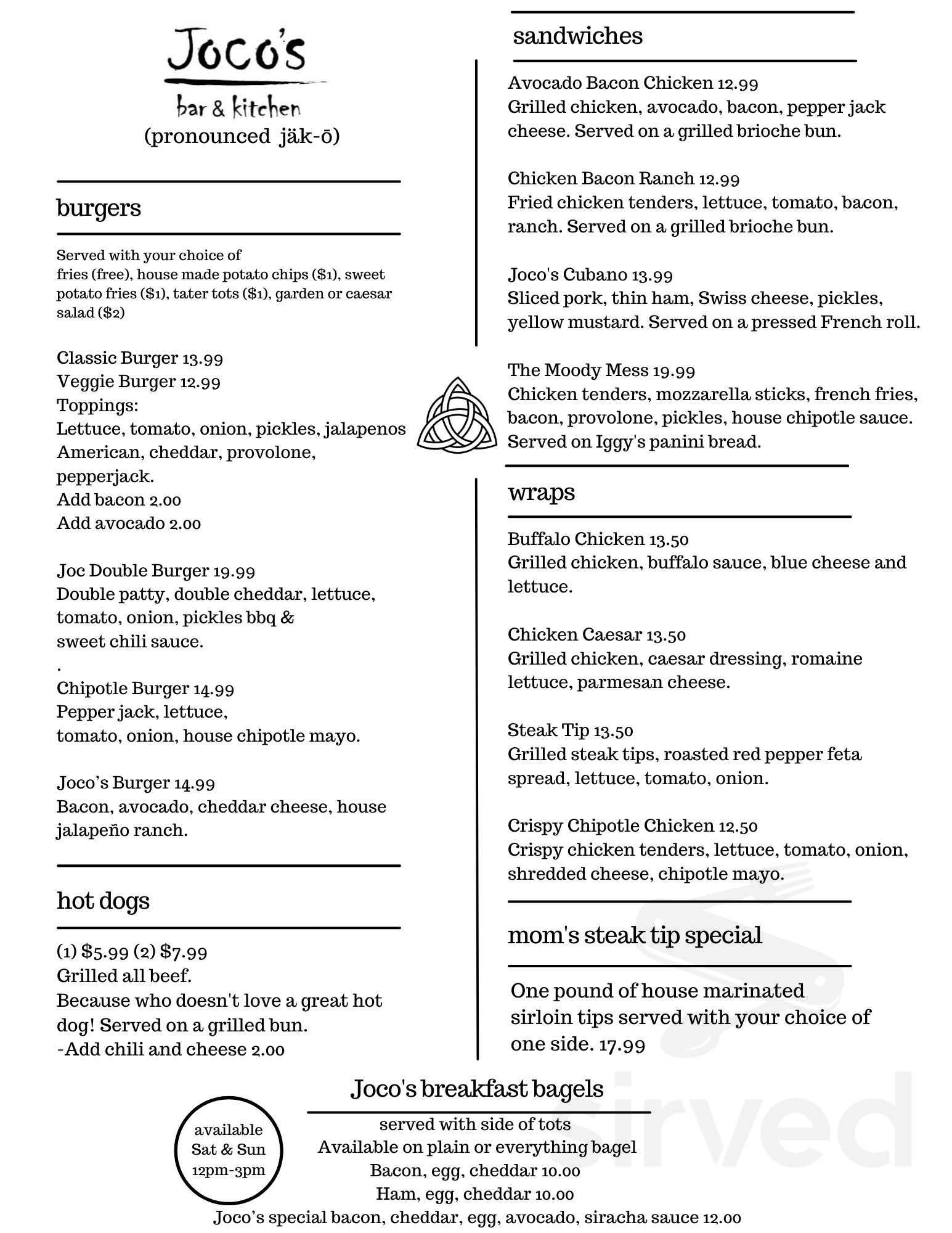 Menu for Jocos Bar & Kitchen in Waltham, Massachusetts, United States