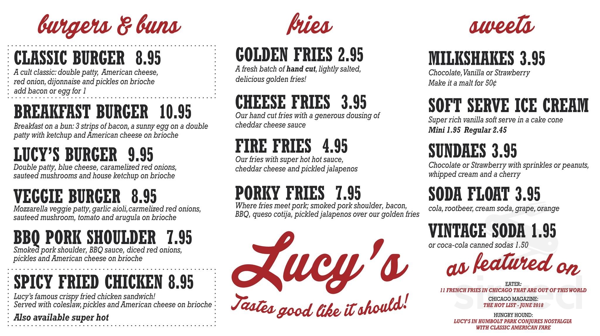 Menu for Lucy's menu in Chicago, IL | Sirved