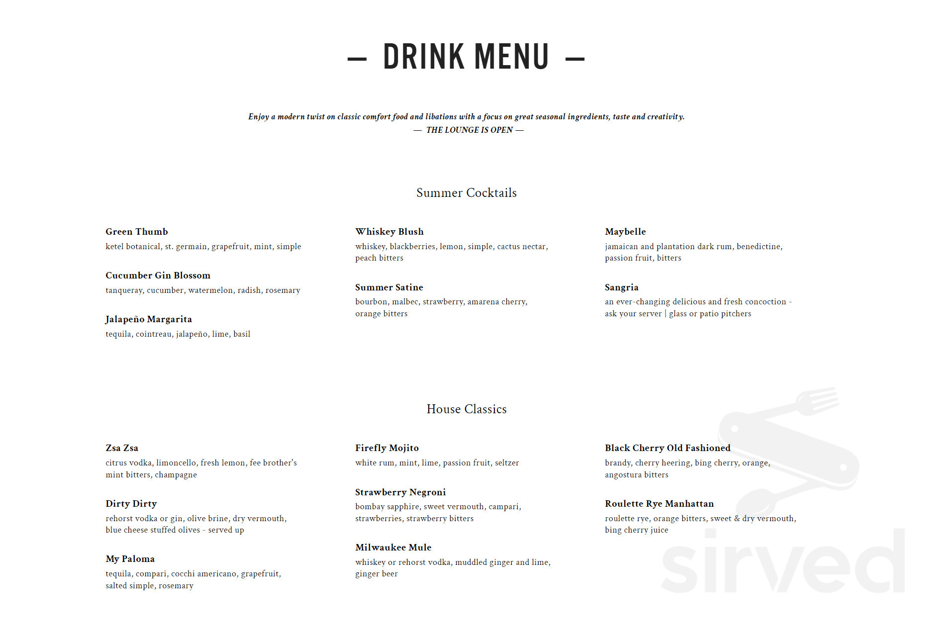 Firefly Tosa menu in Wauwatosa, Wisconsin, USA