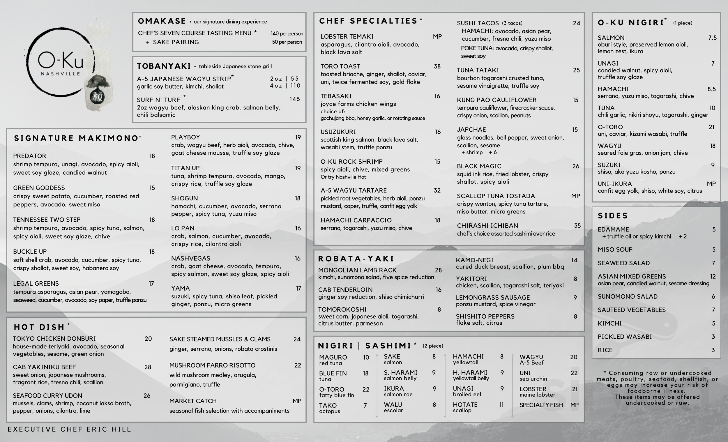 O-Ku menus in Nashville, Tennessee, United States