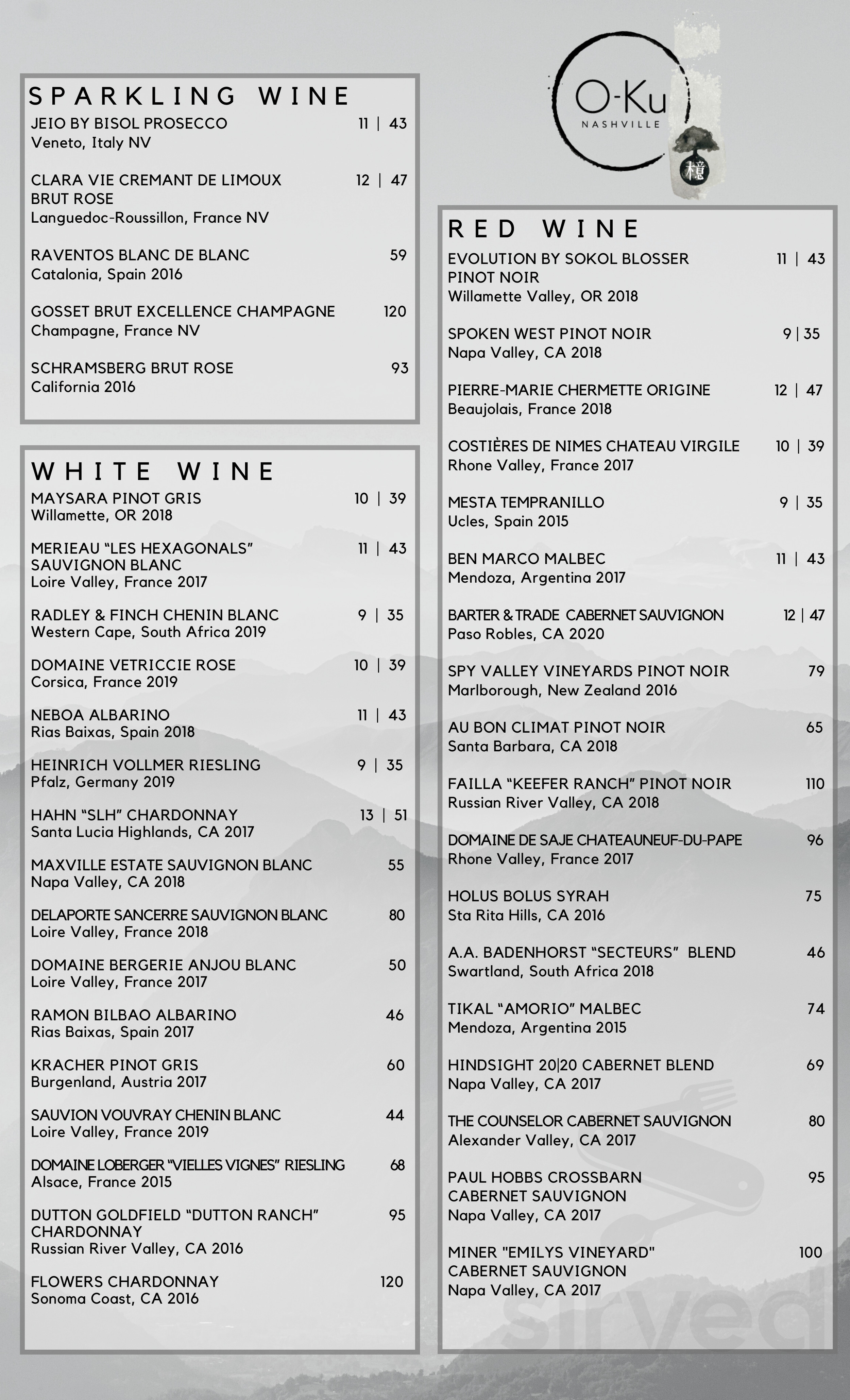 O-Ku menus in Nashville, Tennessee, United States