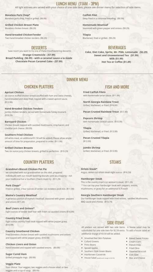 Southern Charm Restaurant menu in Blue Ridge, Georgia, USA