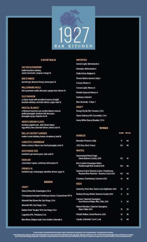 1927 Bar Kitchen menu in Los Angeles, California, USA